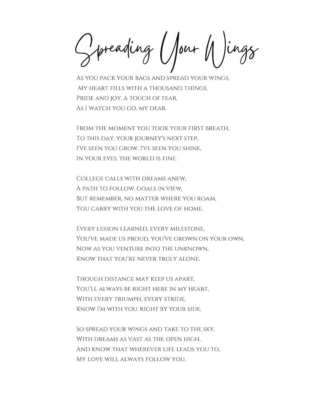 Spreading Your Wings: A Poem to My Child| A College Poem | Gift to College Student| Graduation ...