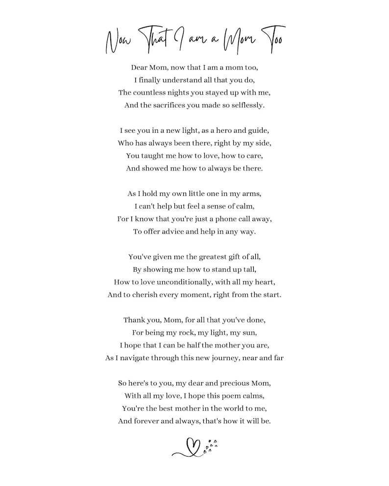 Now That I Am a Mother Too (poem to My Mom, New Mom Gift, New Mummy ...