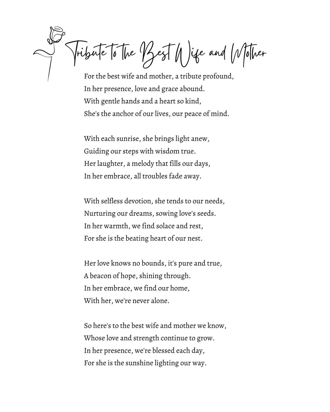 Mother and Wife Tribute Poem - Heartfelt Gift for Her - Mother's Day ...