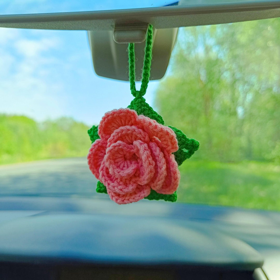 Handmade Crochet Roses Car Hanging, Rear View Mirror Ornament, Flower ...