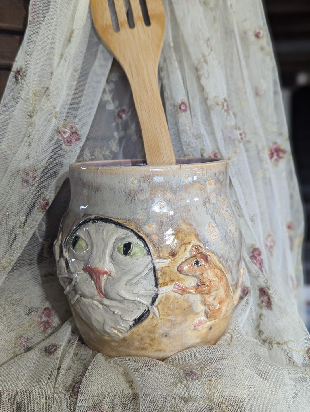 Cats and Mice Sculpted Kitchen Utensil Jar, Gorgeous Handmade Heirloom ...