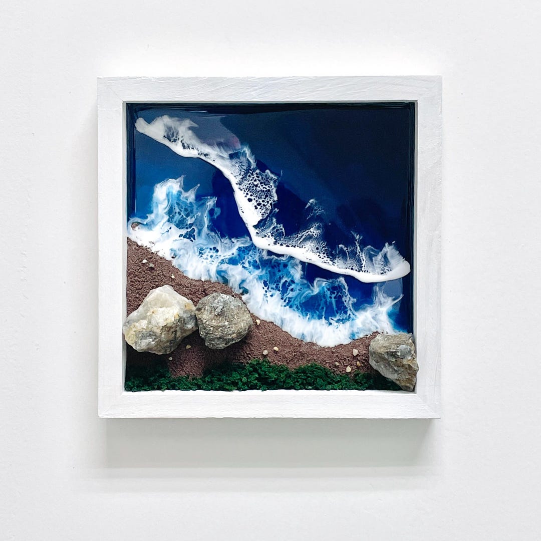 Resin Art. Ocean Art. 3D Coastal Decor. Framed Decor. Black Rutilated ...