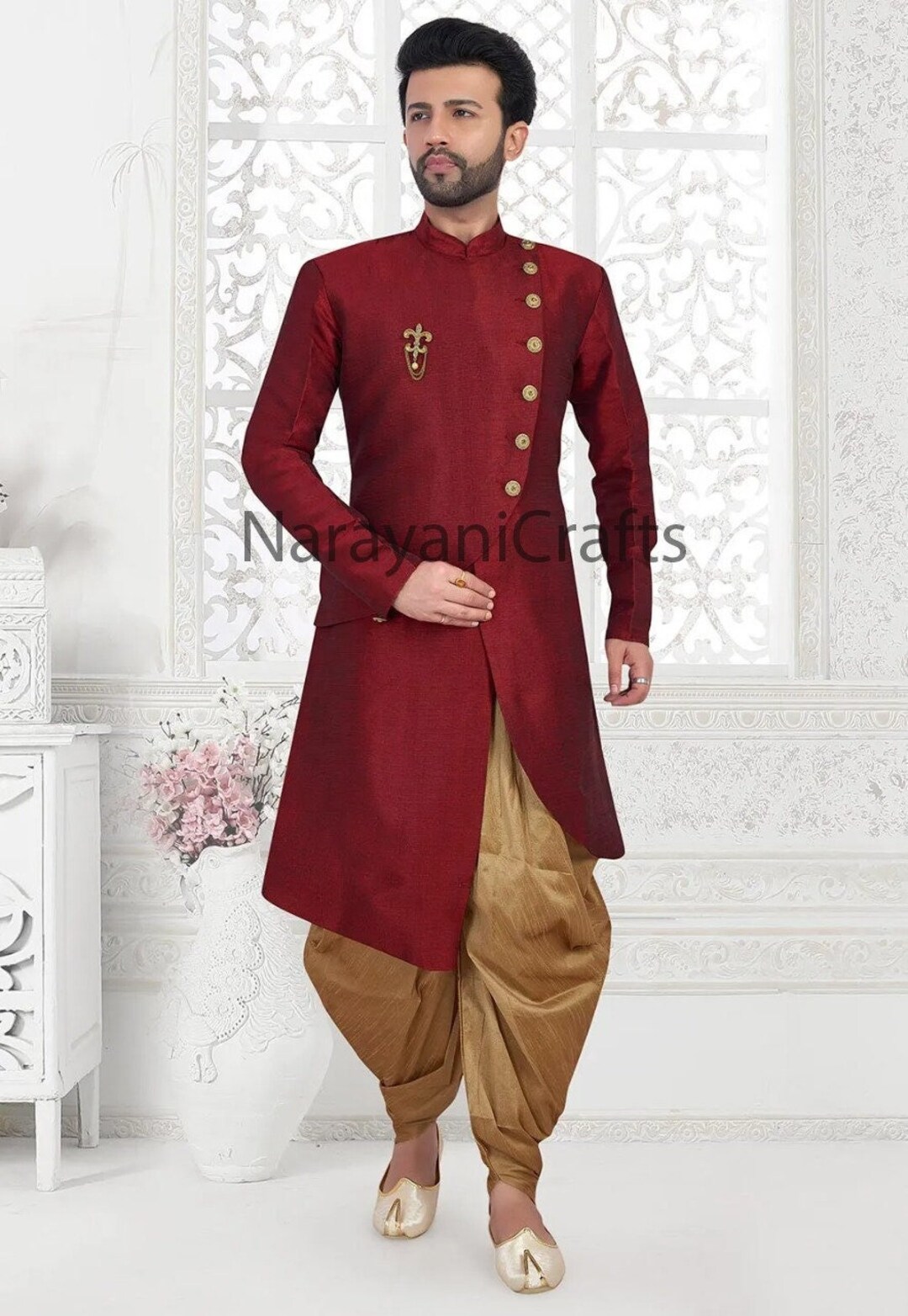 Stylish Ethnic Party Wear Red Banarasi Silk Sherwani for Men With ...