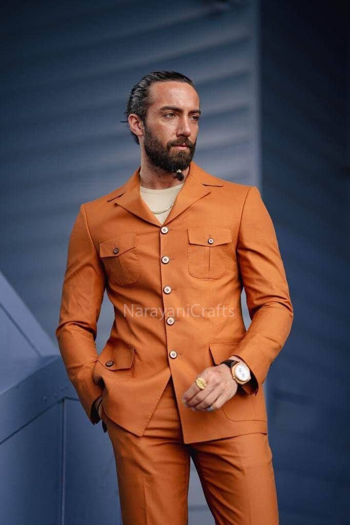Handmade Decent Rust Color Linen Safari Suit for Men for Wedding and ...