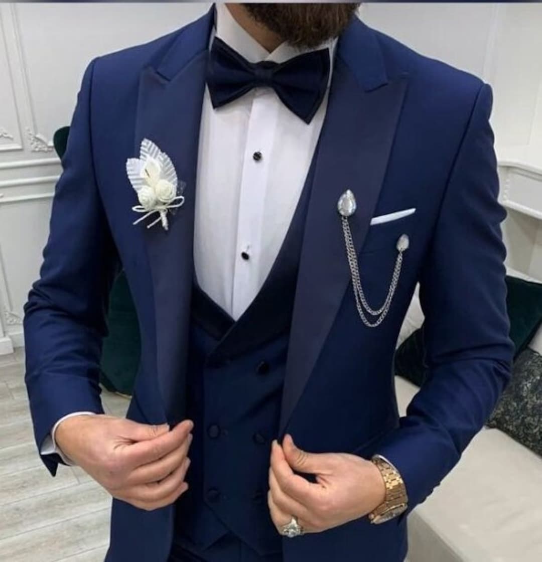 Stylish Decent Ethnic Navy Blue Color Three Piece Coat Pant Jodhpuri ...