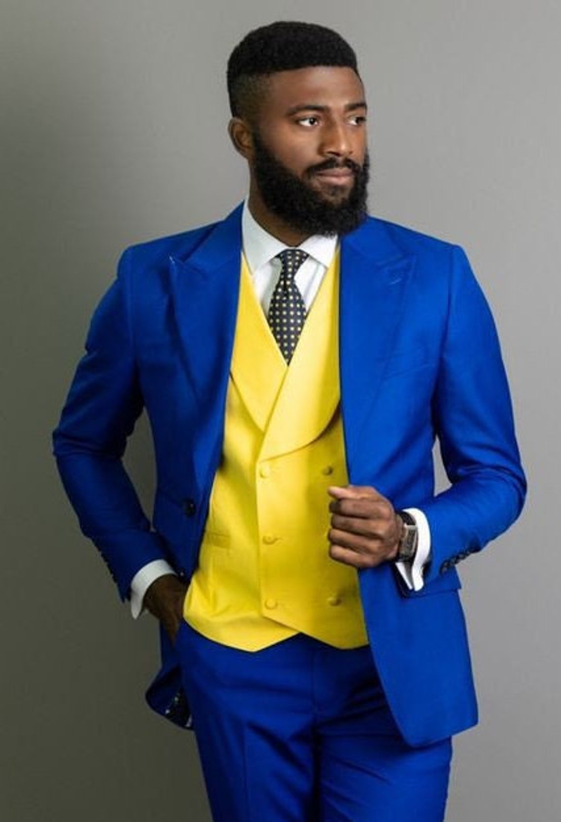 Stylish Decent Royal Blue Three Piece Suit With Yellow Wasitcoat for ...