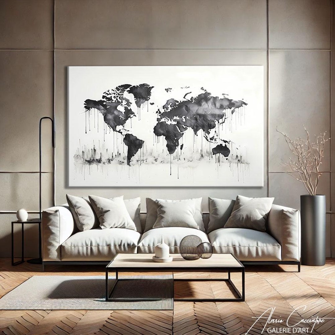 Abstract World Map Wall Art Canvas, Black and White Map Art, Large Map ...