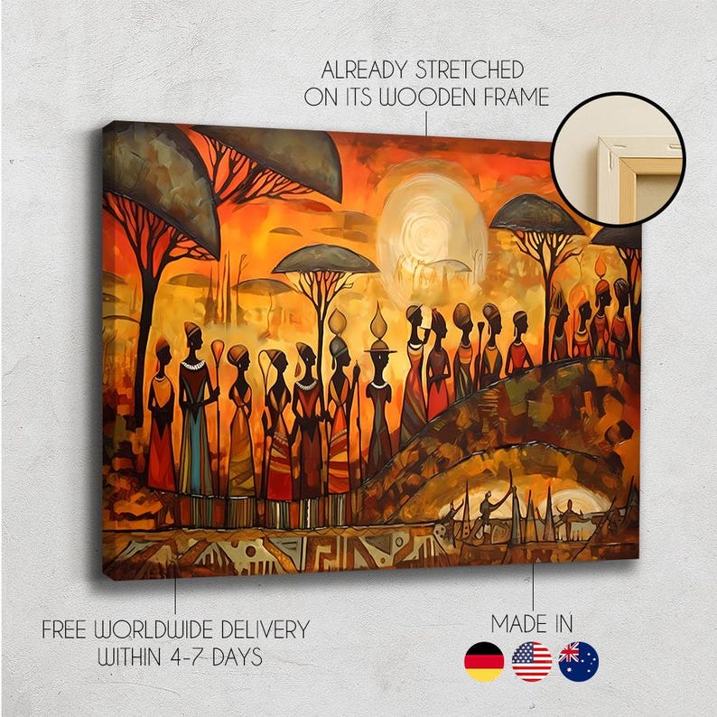 African Wall Art Colorful, Ethnic Art Canvas, Sunset Wall Art Framed ...