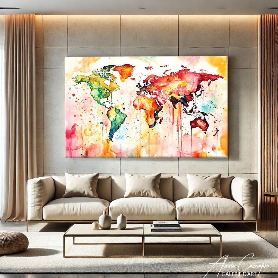Modern World Map Canvas Art, Graffiti Wall Art Canvas Map, Map of the ...