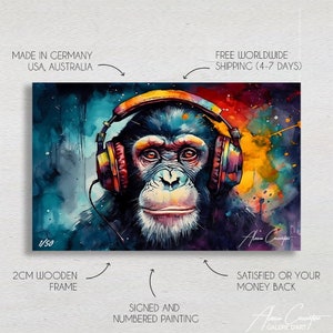 Monkey Headphones Canvas, Pop Art Painting Print, Graffiti Print, Large ...