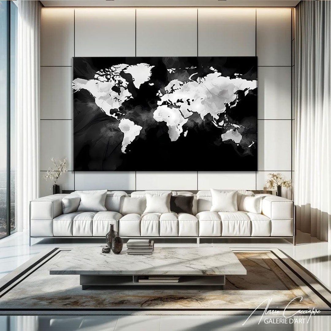 Map of World Canvas, World Map Painting, Black and White World Map ...