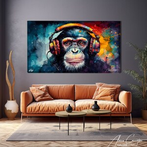 Monkey Headphones Canvas, Pop Art Painting Print, Graffiti Print, Large ...