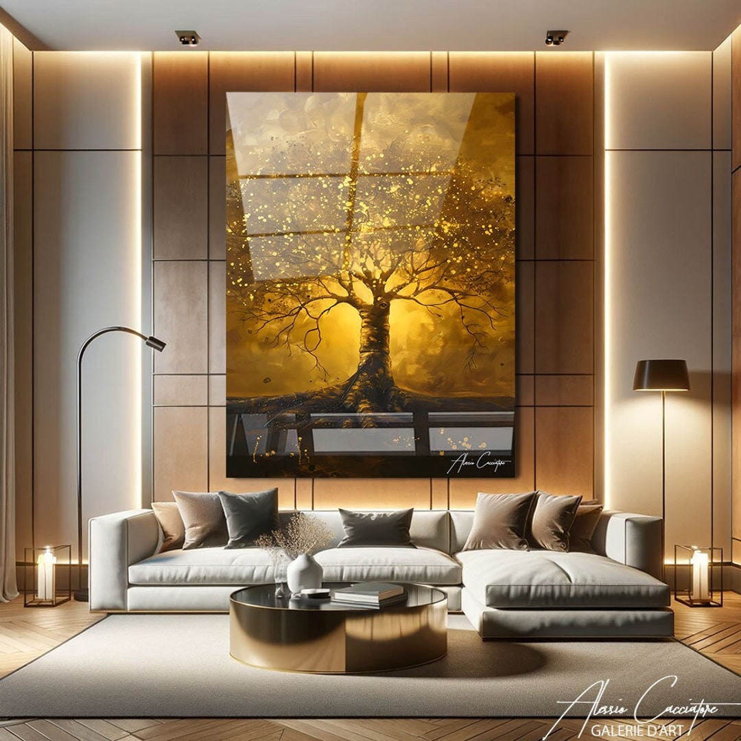 Gold Tree of Life Wall Art Painting, Tempered Glass Wall Art Abstract ...