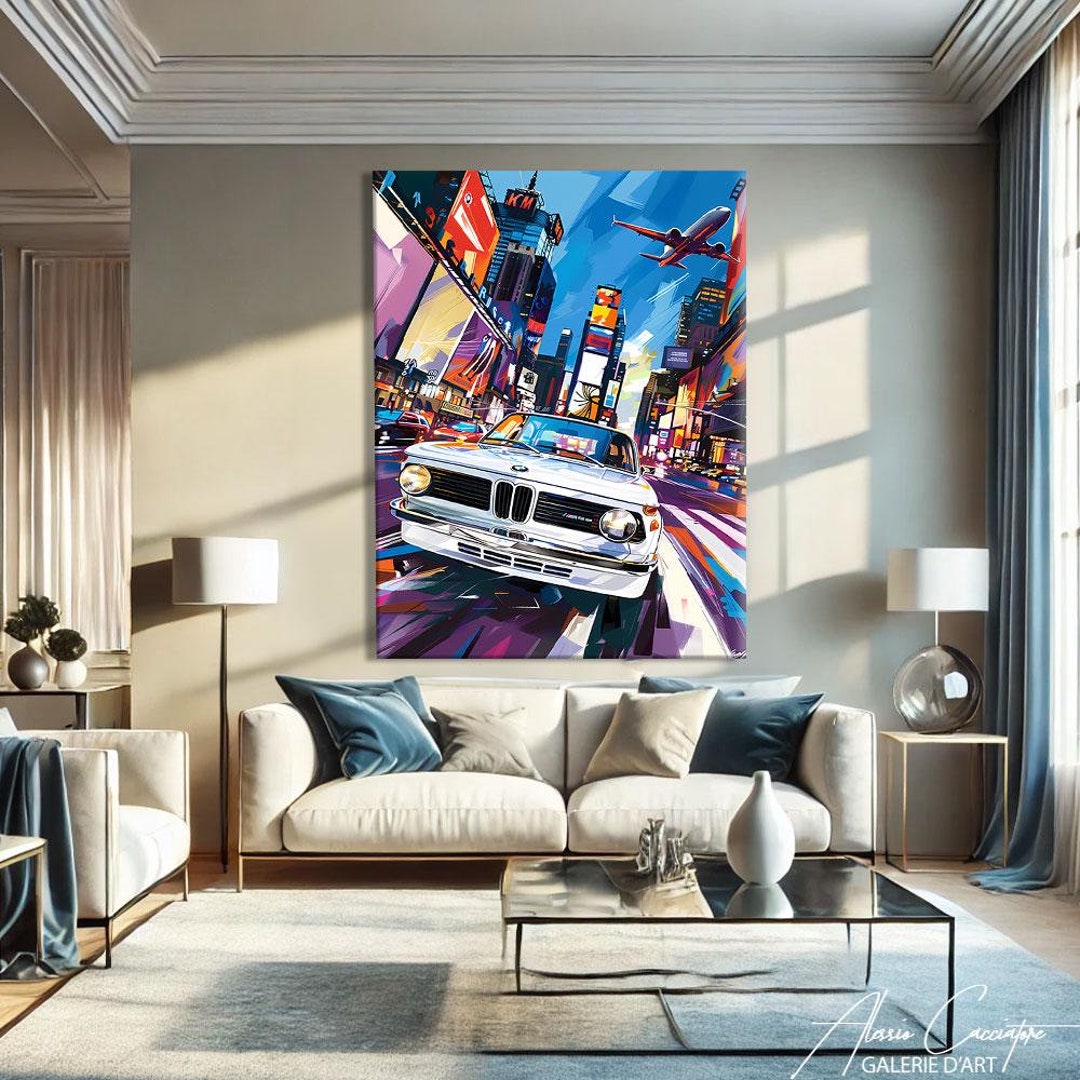 Retro Car Prints in Frame, Street Art Canvas, Time Square Painting, Car ...