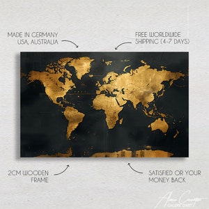 Black and Gold World Map Wall Art Canvas Gold Map, Wall Map Art Print ...