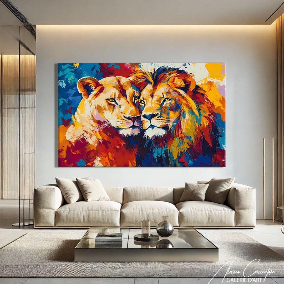 Lion and Lioness Wall Art, Colorful Animal Wall Art Print, Extra Large ...