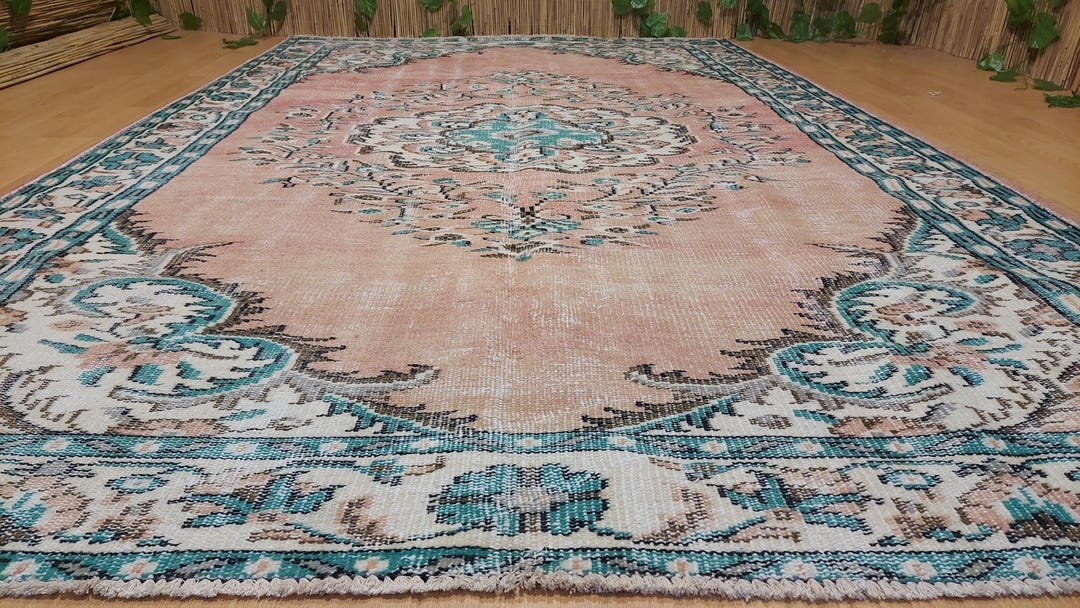 Pink Vintage İnspired Handmade Oriental Rug 6.3x9.8, Home Decor Floral ...