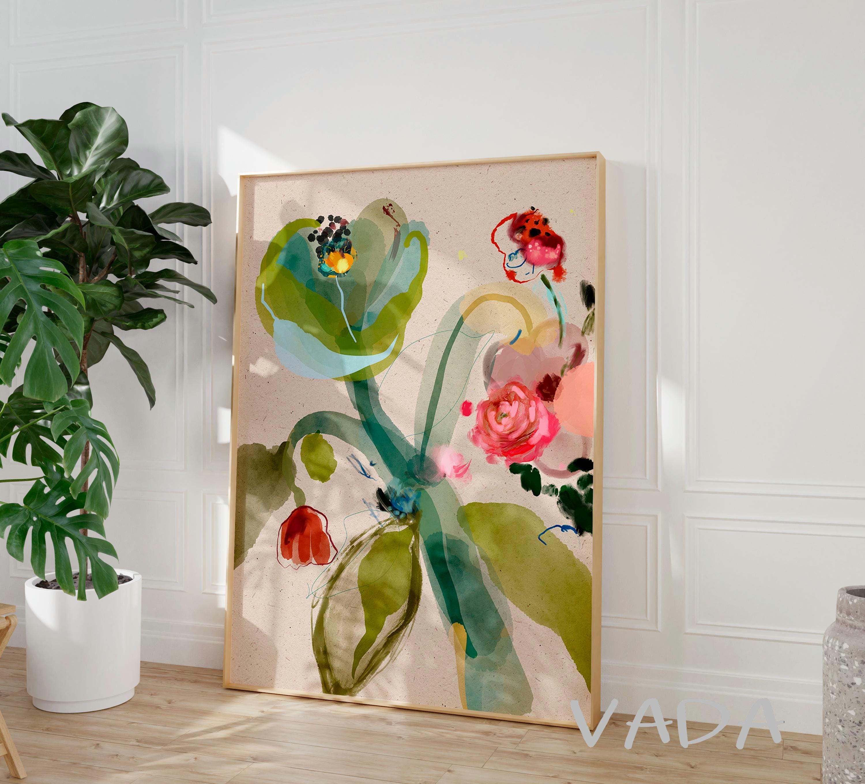 Abstract Botanical Print: Green & Pink Floral Watercolor (digital ...