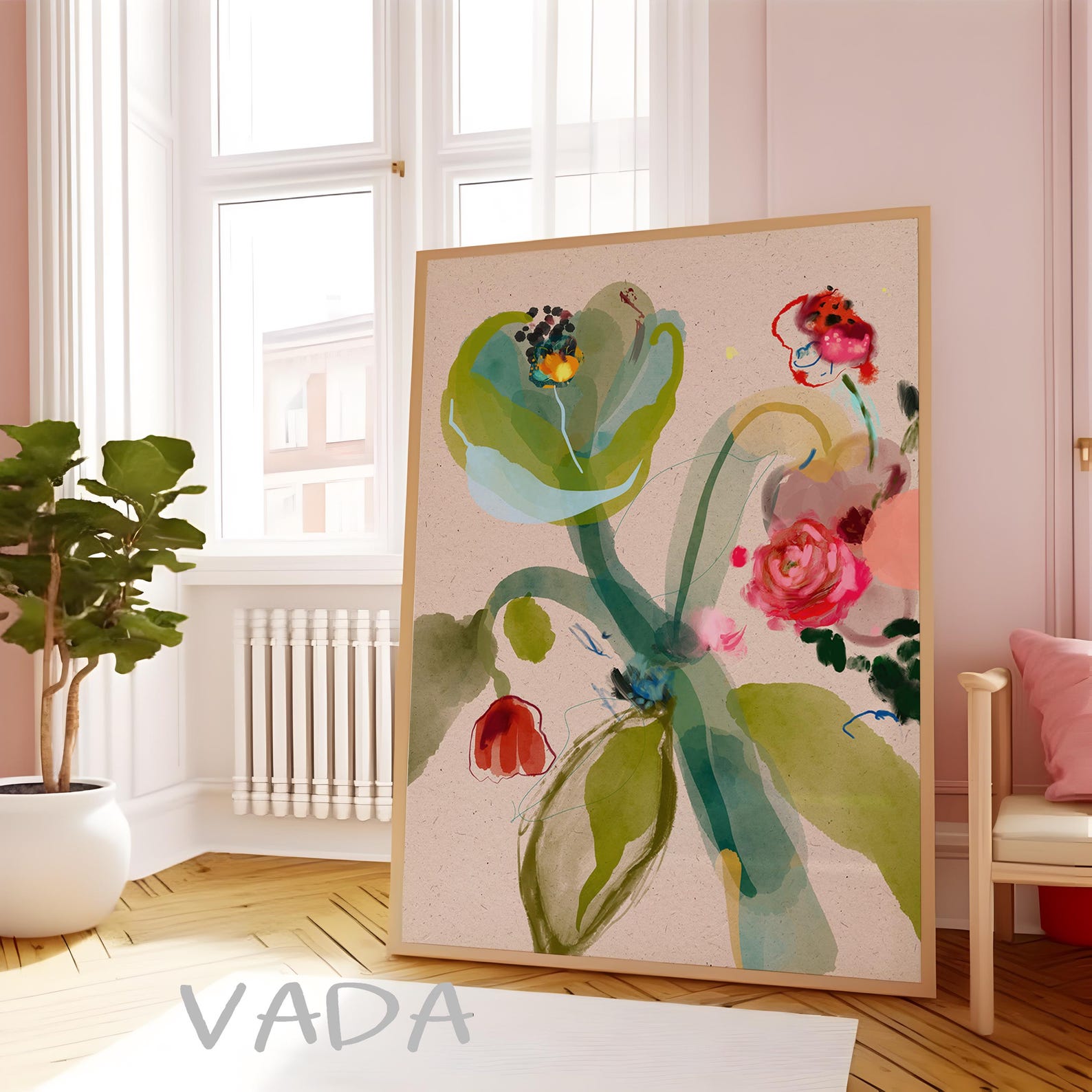 Abstract Botanical Print: Green & Pink Floral Watercolor (digital ...