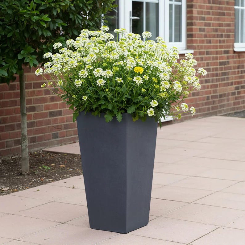 Dark Grey Tall Outdoor Planter Round Concrete Garden Pot Large Vertical ...