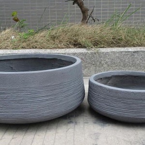Handmade Ribbed Bowl Concrete Planter – Modern Shallow Outdoor & Indoor ...