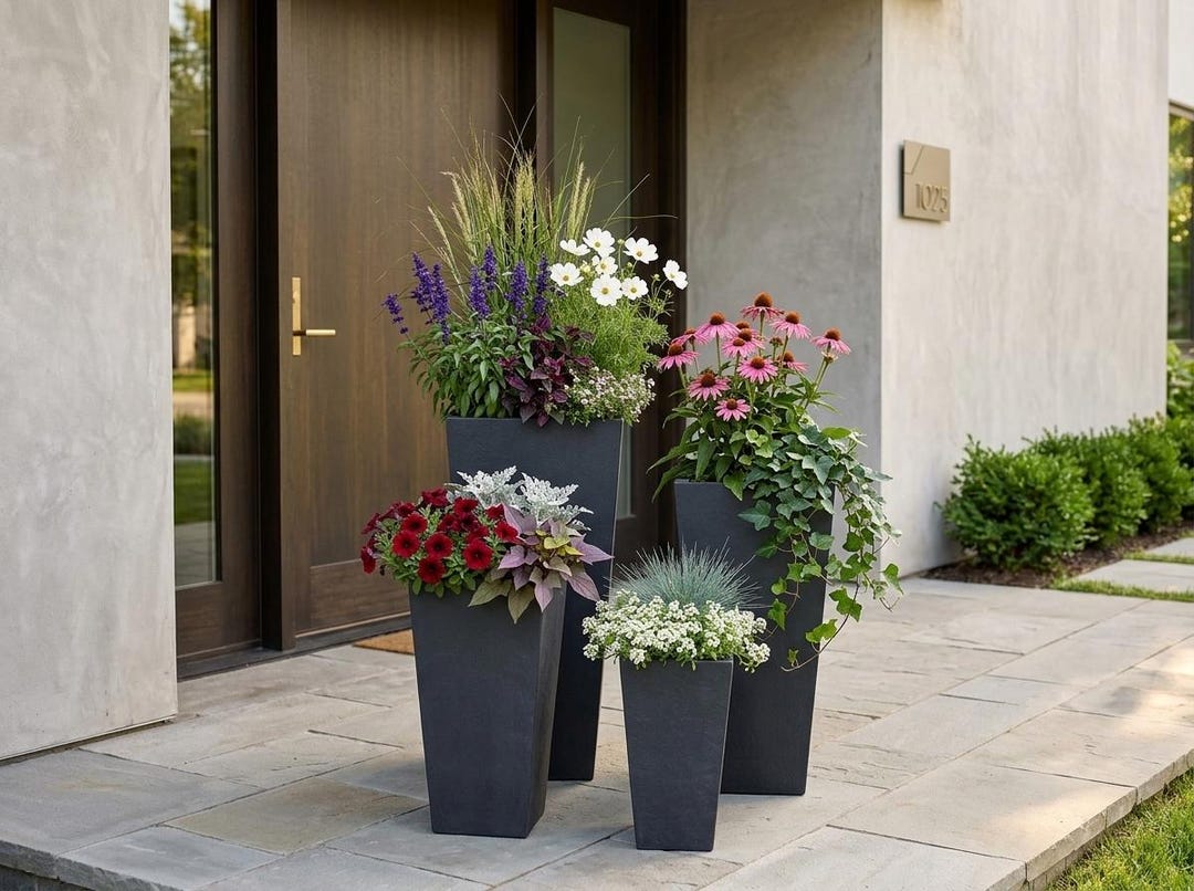 Dark Grey Tall Outdoor Planter Round Concrete Garden Pot Large Vertical ...