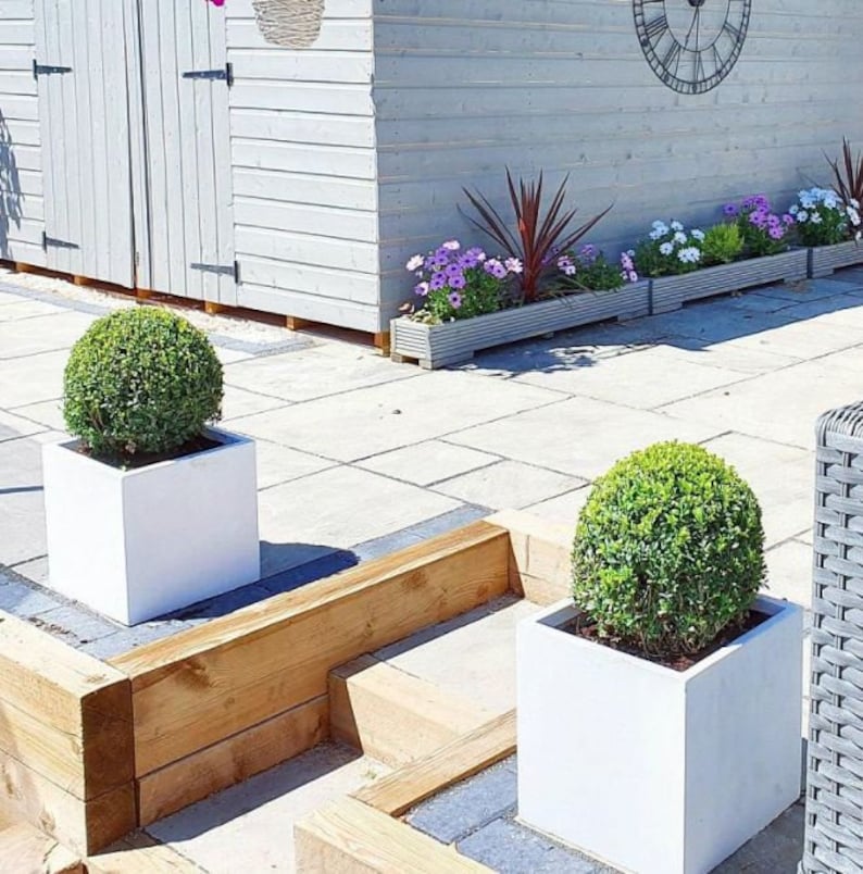 White Square Concrete Planter Large Cuboid Fibrestone Garden Pot Modern ...