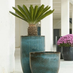 Large Round Outdoor Ceramic Turquoise Glossy Blue Planter Pot With ...