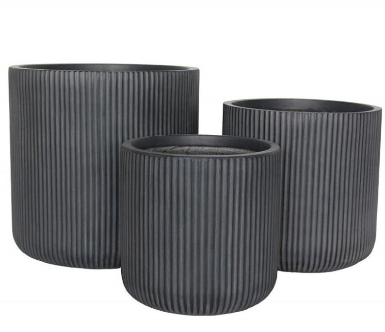 Black Ribbed Concrete Stone Cylindrical Planter Pot Modern - Etsy UK