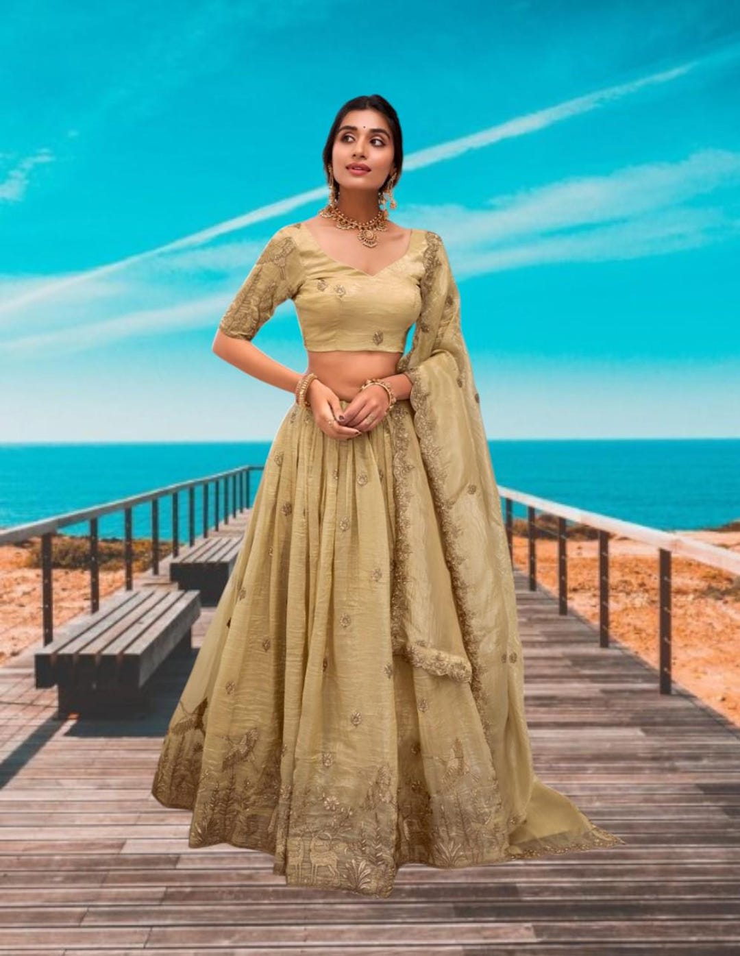 Sequins Embroidered Tissue Silk Lehenga With Choli and Voni Dupatta ...