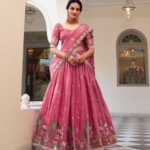 Sequins Embroidered Tissue Silk Lehenga With Choli and Voni Dupatta ...