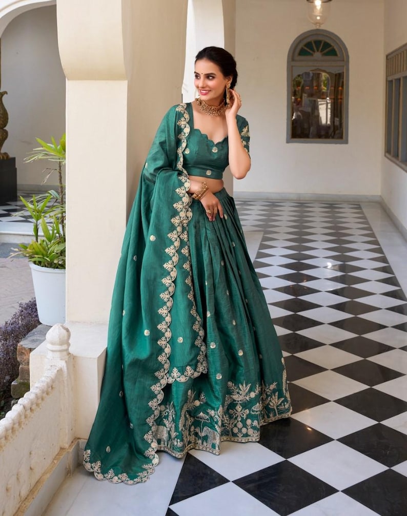 Sequins Embroidered Tissue Silk Lehenga With Choli and Voni Dupatta ...