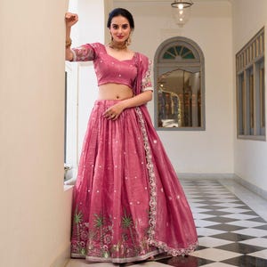 Sequins Embroidered Tissue Silk Lehenga With Choli and Voni Dupatta ...