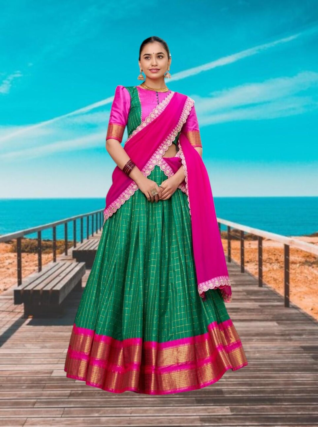 Zari Weaving Work Chex Half Saree With Full Stitch Blouse Top and Voni ...