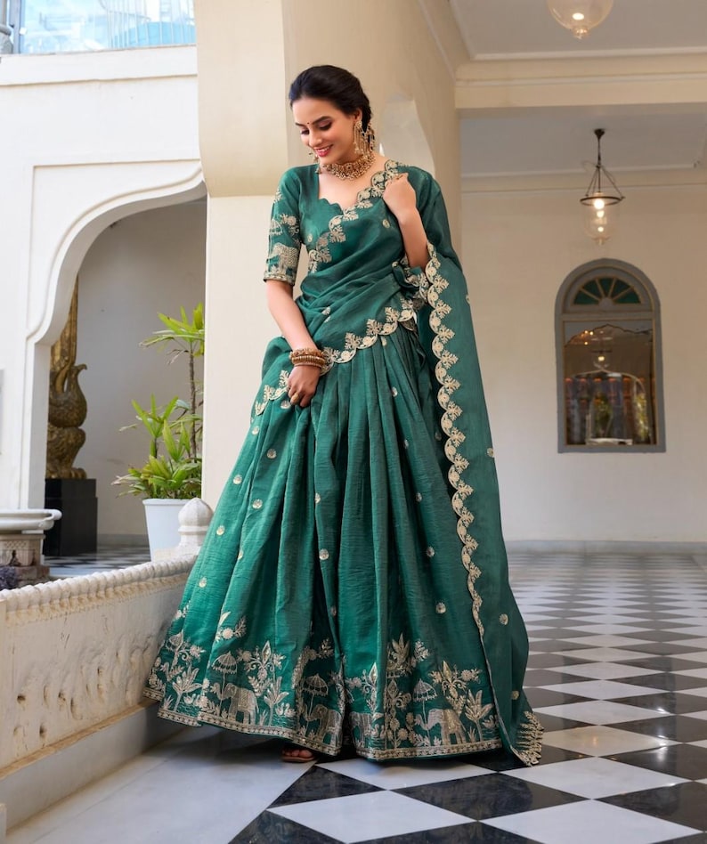 Sequins Embroidered Tissue Silk Lehenga With Choli and Voni Dupatta ...