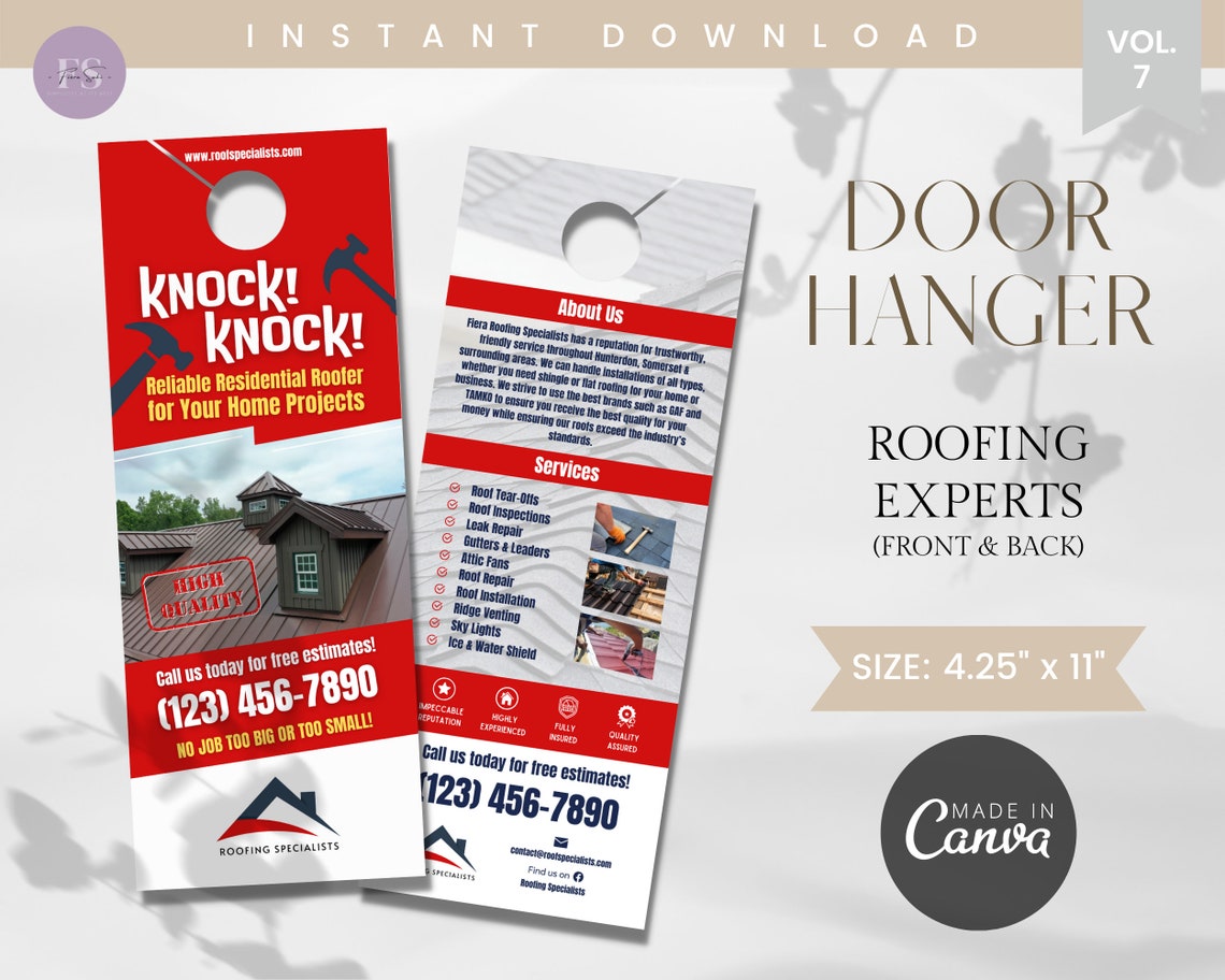 Roofing Business Door Hanger Canva Template, Roof Specialists Door ...