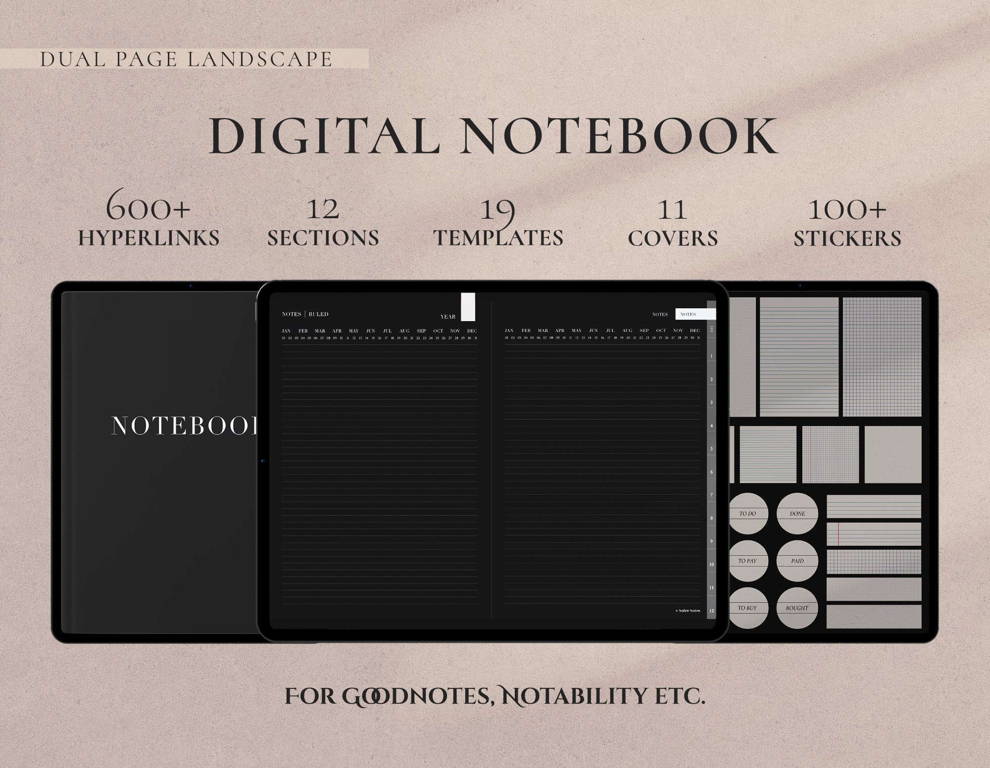 Landscape Digital Notebook in Dark Mode Hyperlinked Tabs - Etsy