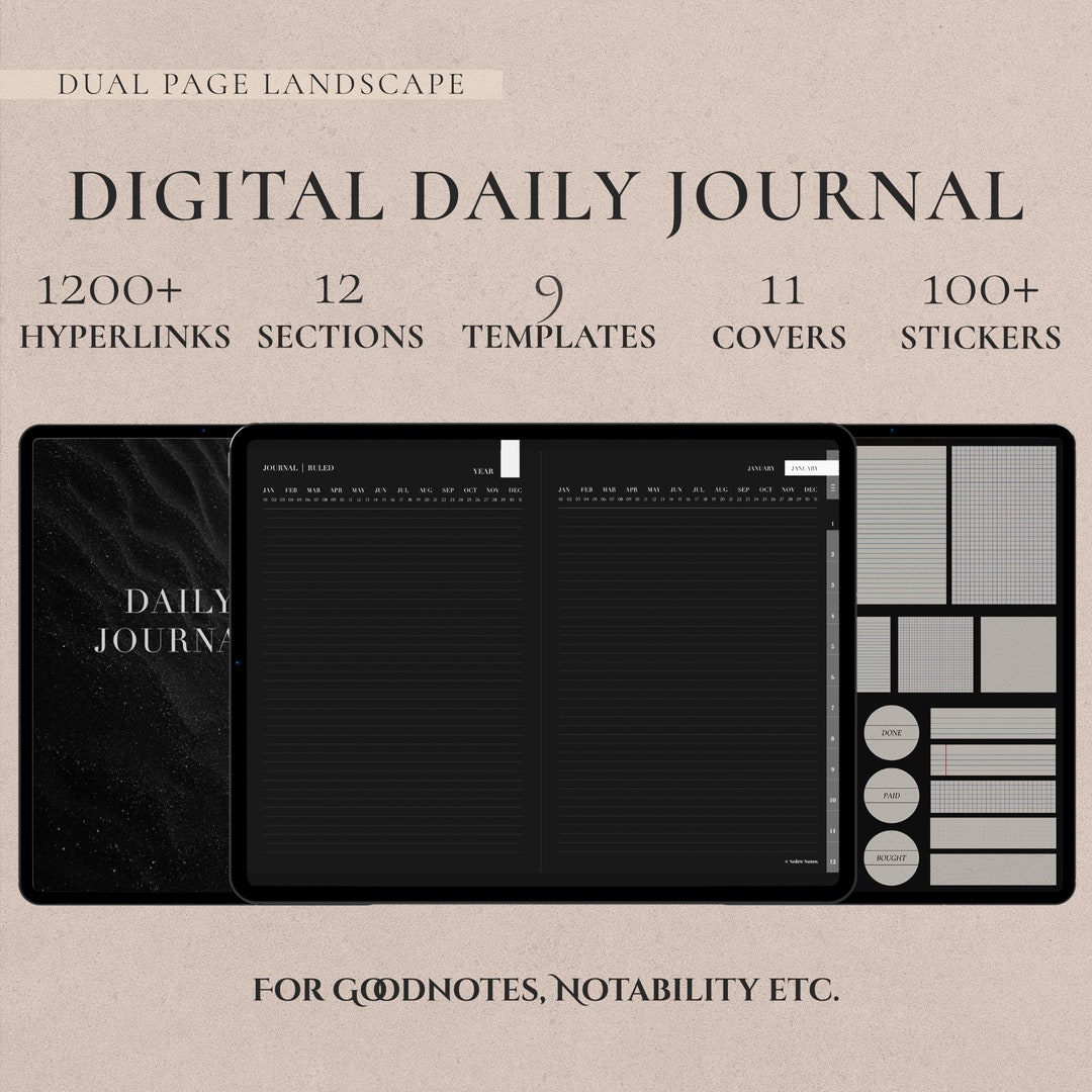 Dual Page Daily Journal Dark Mode Hyperlinked Tabs Note Templates for ...