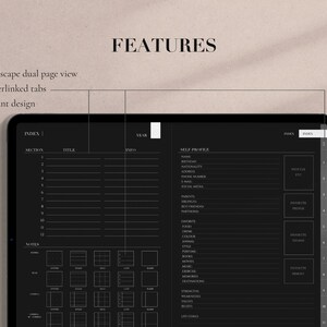 Landscape Digital Notebook in Dark Mode, Hyperlinked Tabs, Note ...