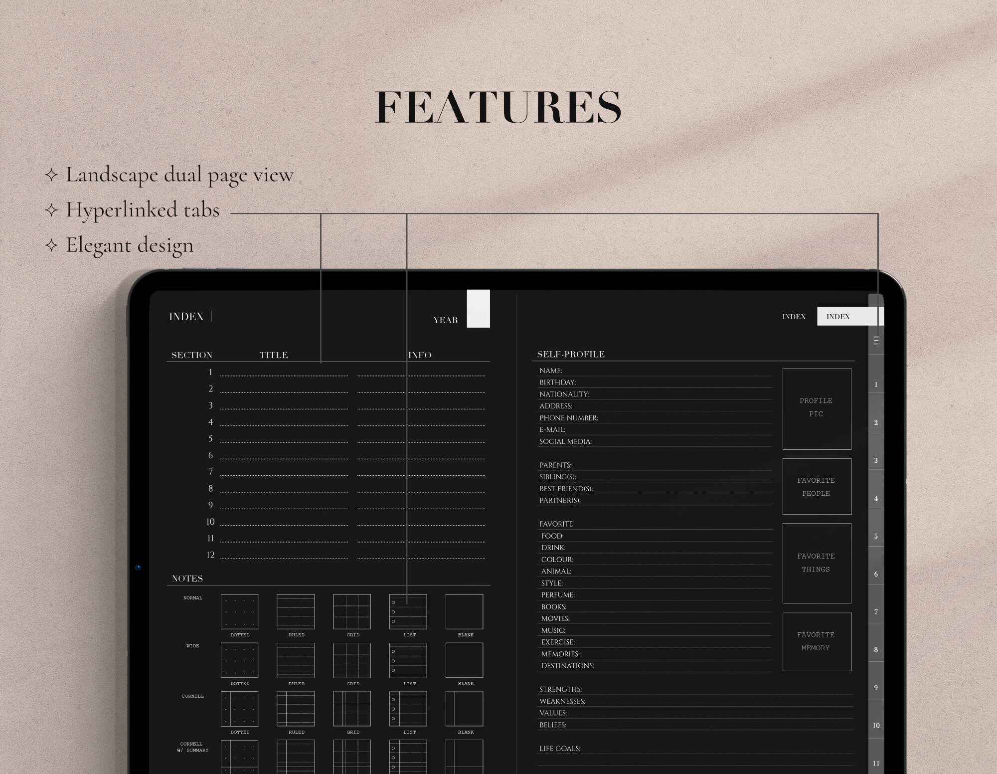 Landscape Digital Notebook in Dark Mode Hyperlinked Tabs - Etsy