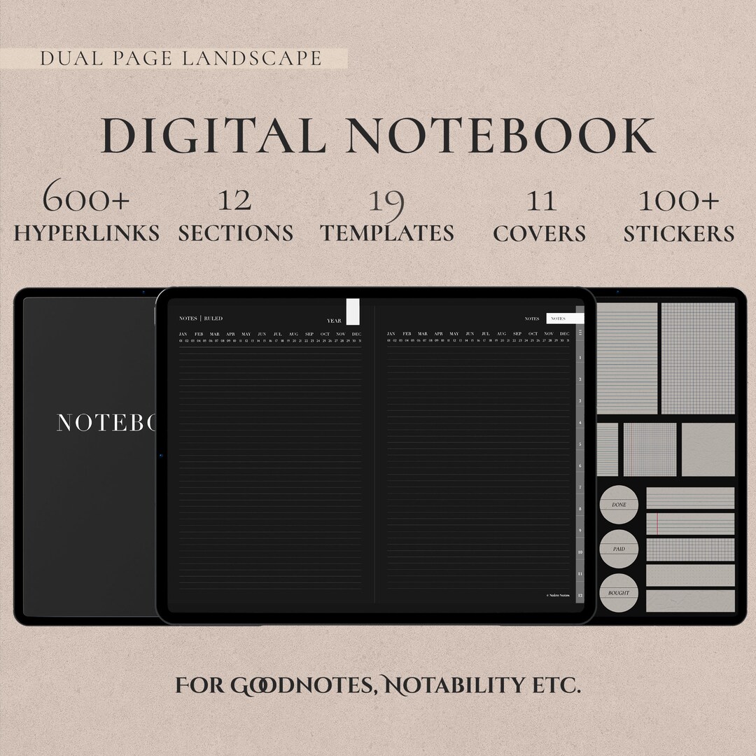 Landscape Digital Notebook in Dark Mode, Hyperlinked Tabs, Note ...