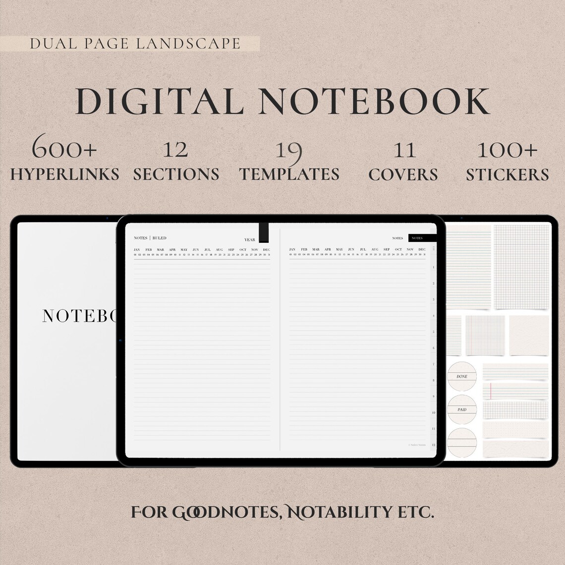 Landscape Digital Notebook B&W, Hyperlinked Tabs, Note Templates for ...