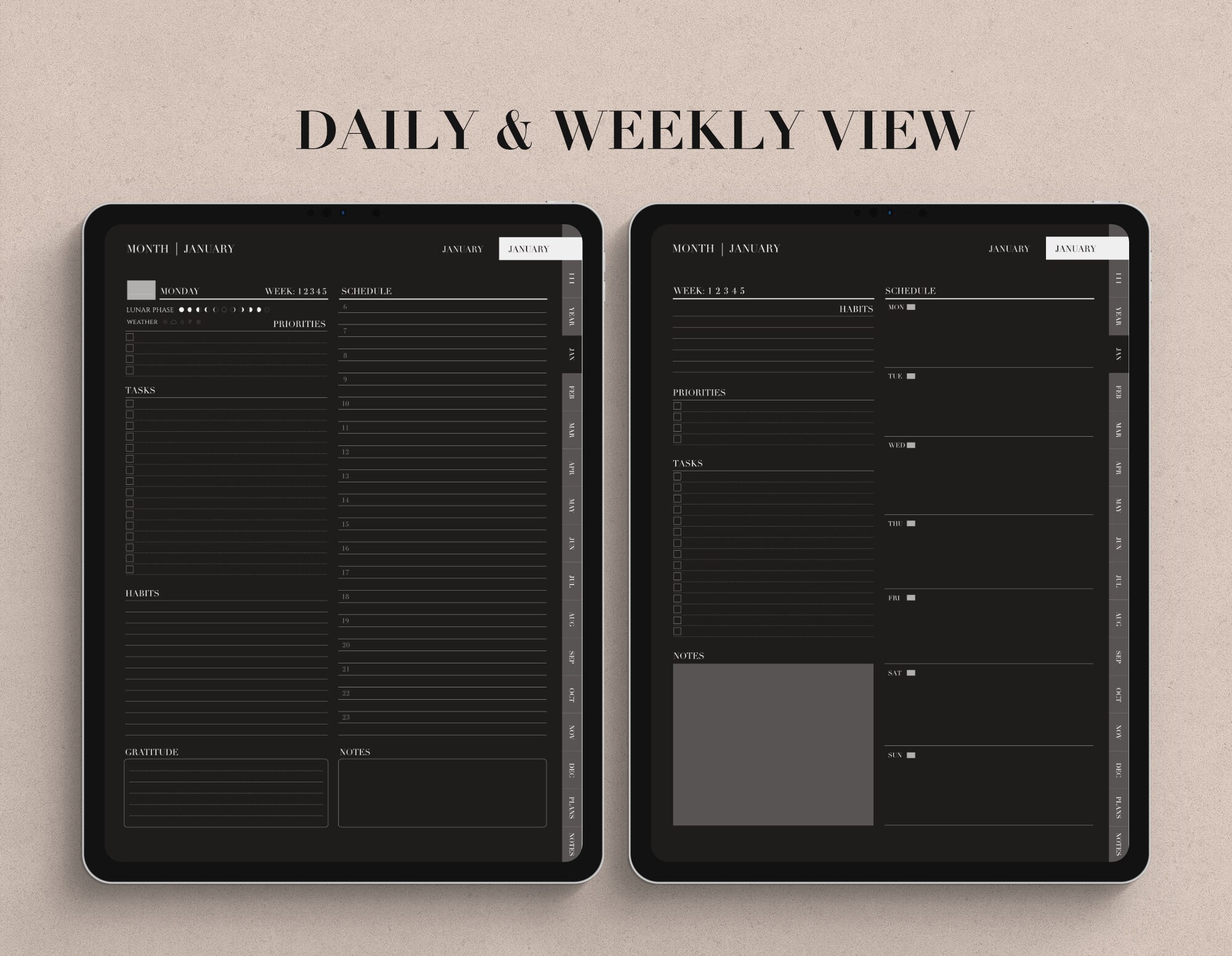 Daily Digital Planner for Goodnotes Notability, Luxe Dark Mode Daily ...