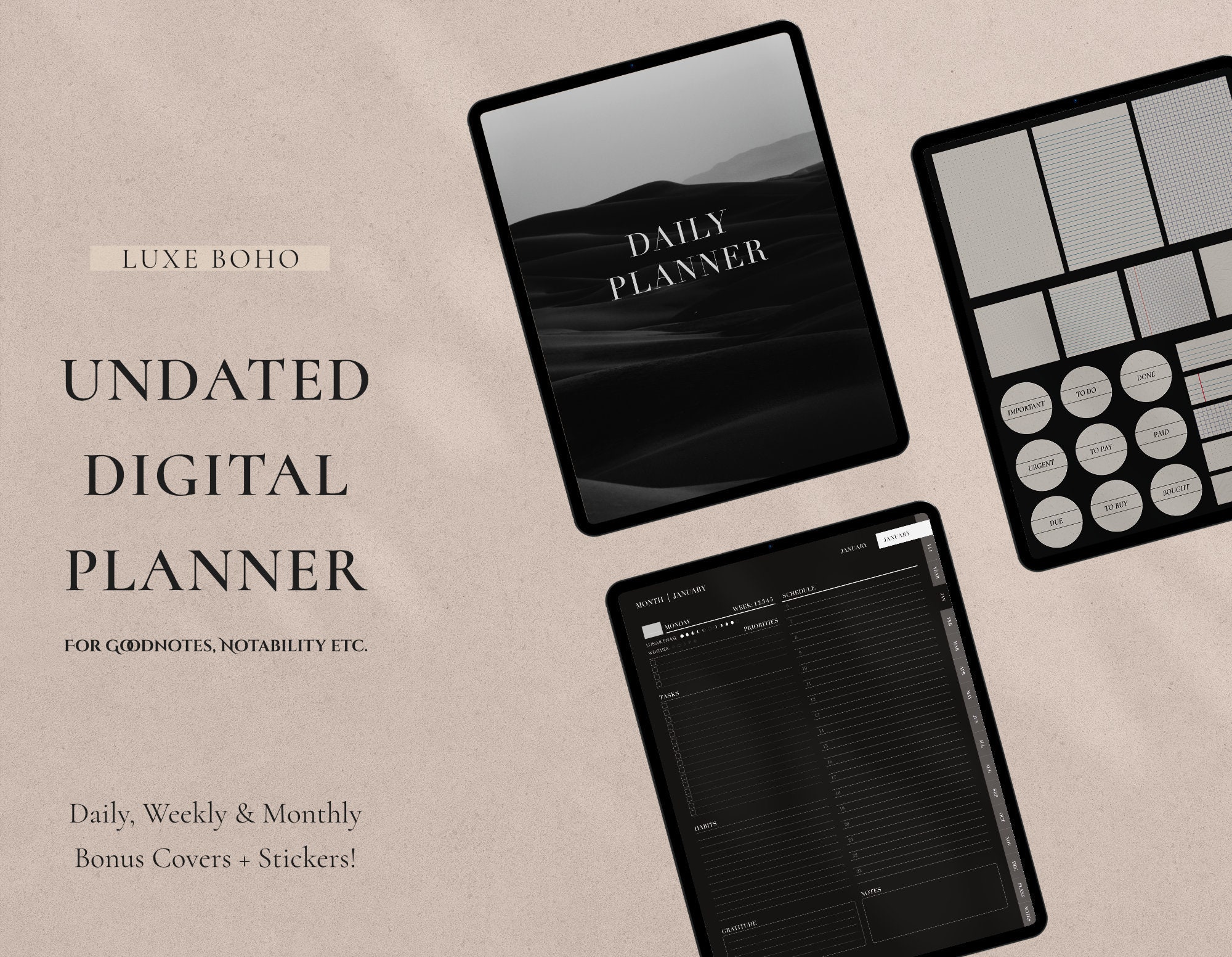 Daily Digital Planner for Goodnotes Notability, Luxe Dark Mode Daily ...