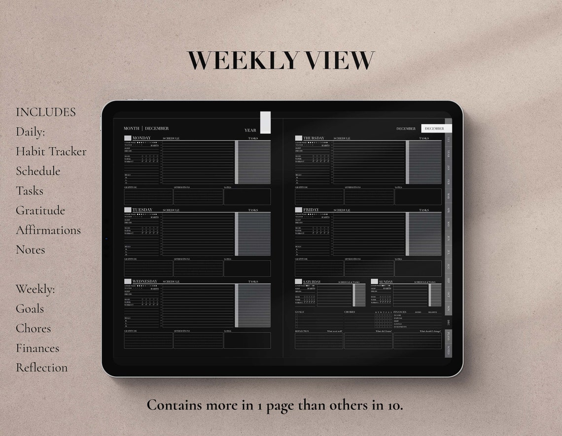 Compact Daily Digital Planner, Luxe Dark Mode, Daily Weekly All-in-one ...
