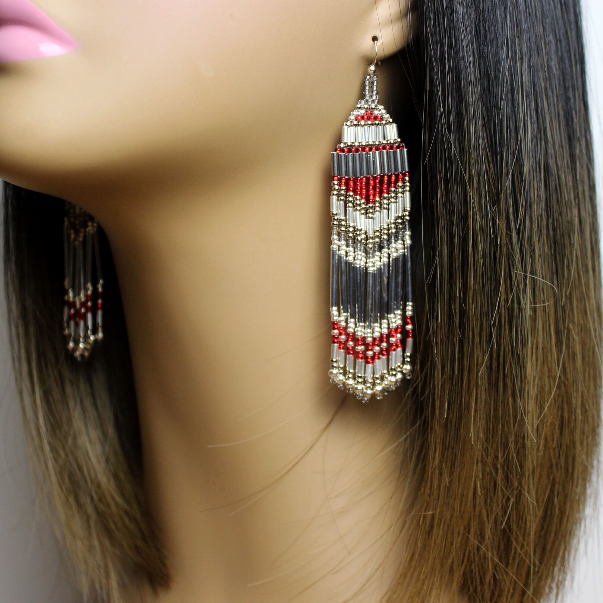Silver & Red Native Seed and Bugle Bead Fringe Earrings - Etsy