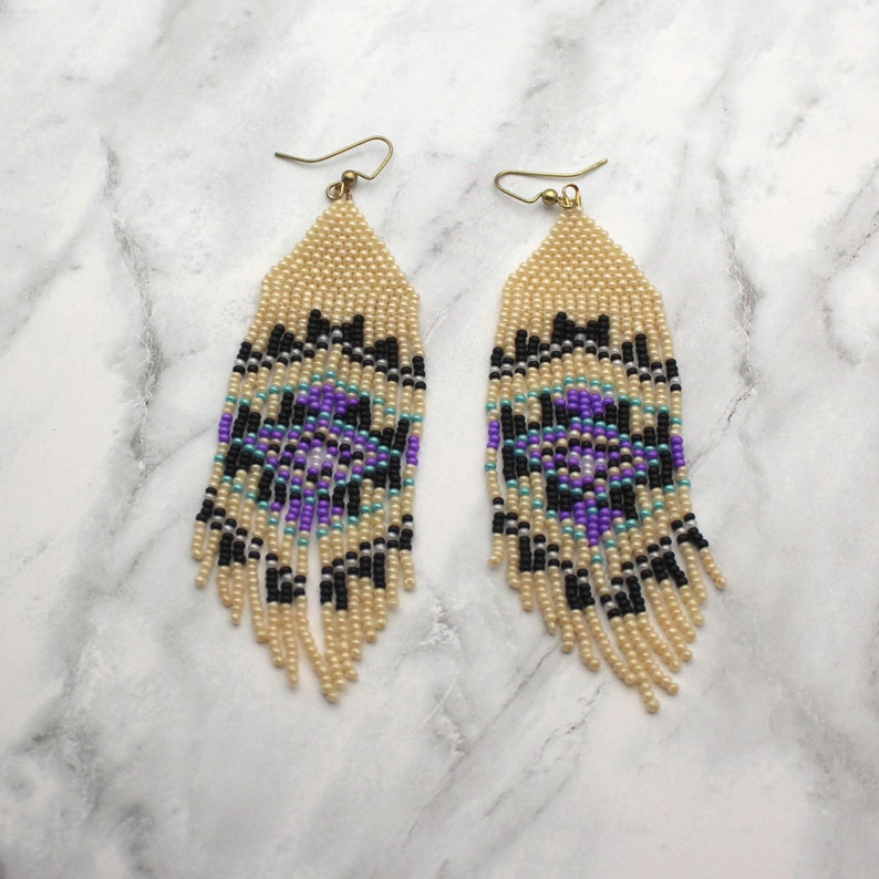 Purple Boho Seed Bead Fringe Earrings Native Design - Etsy