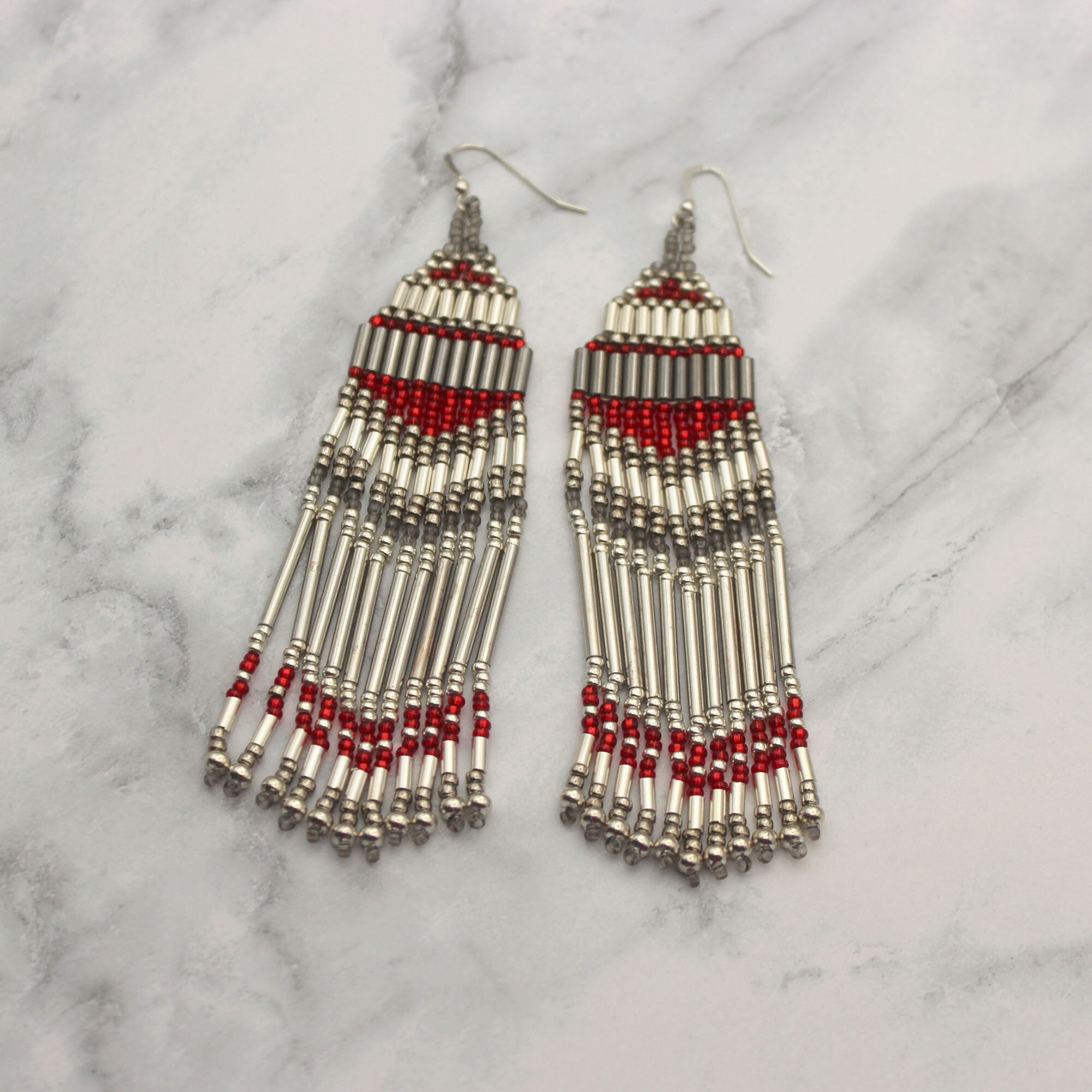 Silver & Red Native Seed and Bugle Bead Fringe Earrings - Etsy