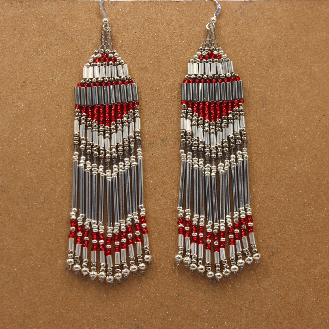 Silver & Red Native Seed and Bugle Bead Fringe Earrings - Etsy