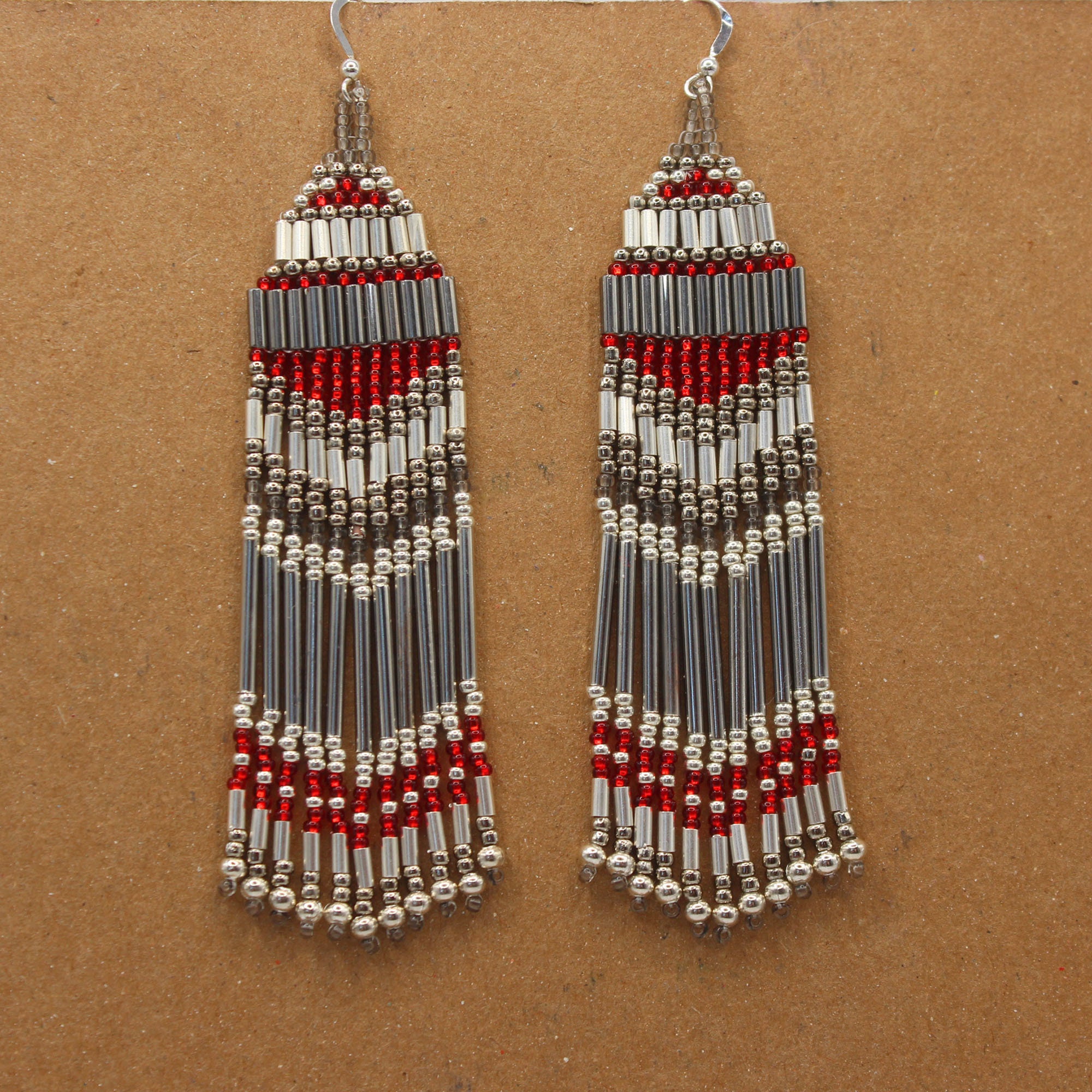 Silver & Red Native Seed and Bugle Bead Fringe Earrings - Etsy